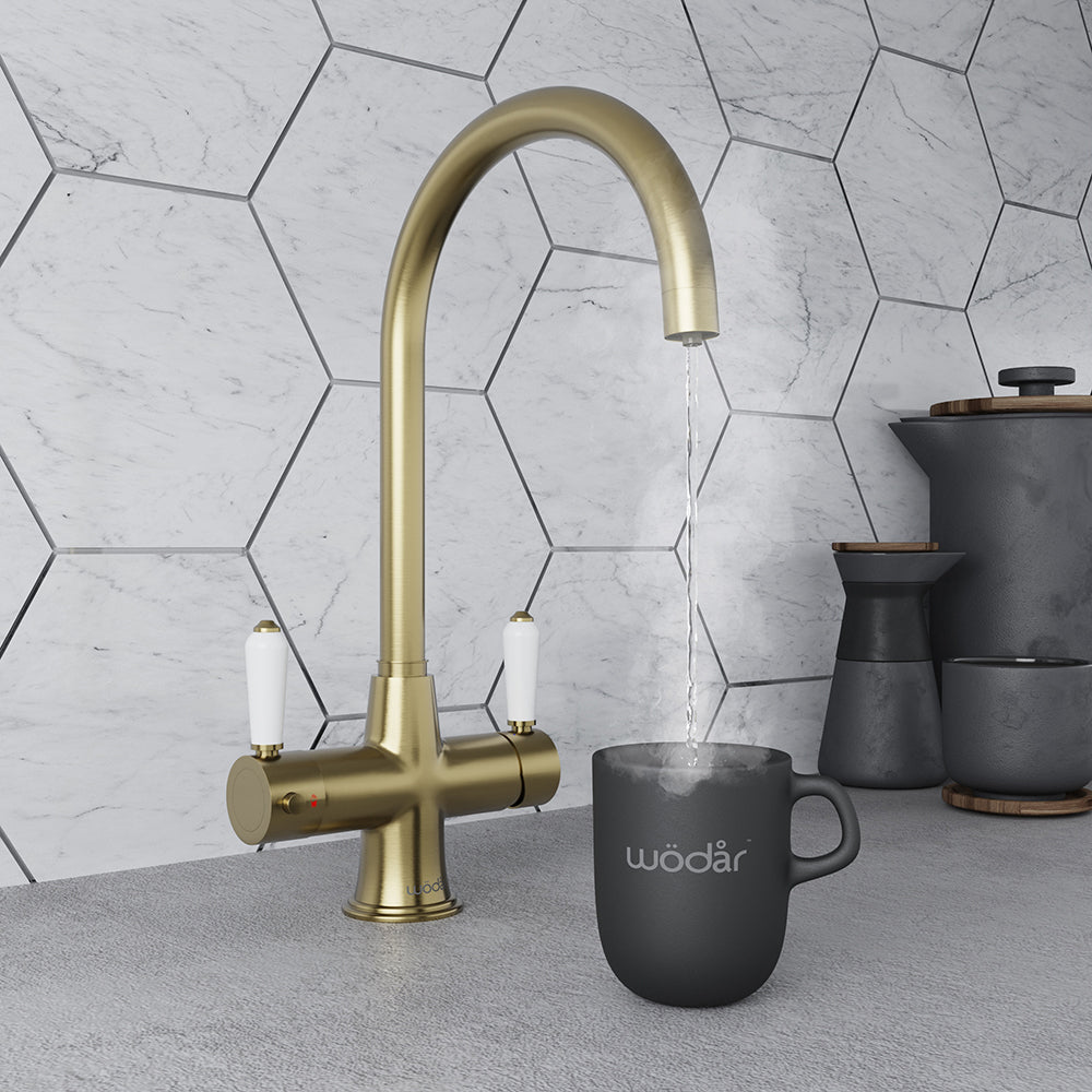 Holborn Traditional 3 in 1 Brushed Brass White Handle Boiling Hot Wate ...