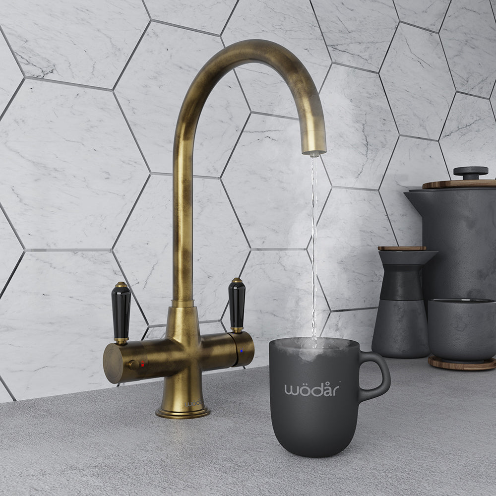 Holborn Traditional 3 in 1 Aged Brass Black Handle Boiling Hot Water T ...