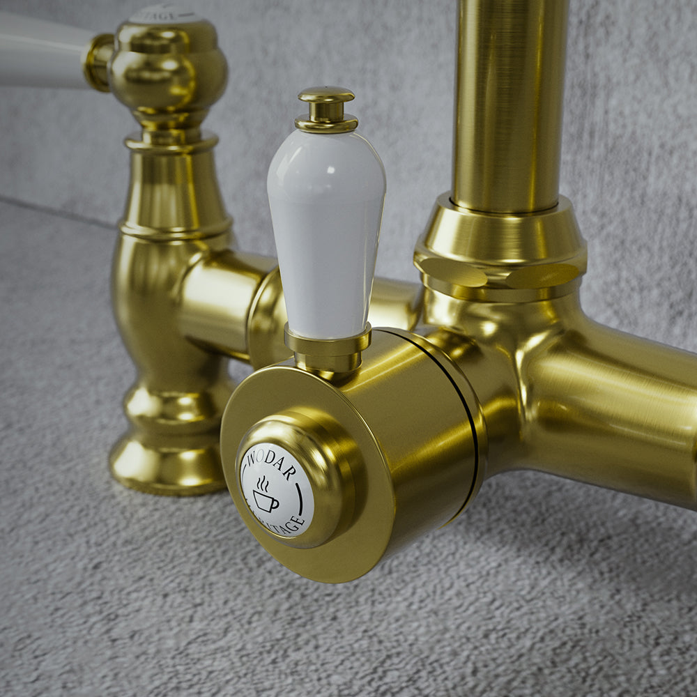 Heritage Bridge 3 in 1 Brushed Brass White Handle Boiling Hot Water Ta ...