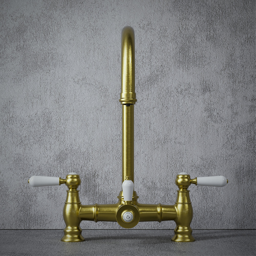 Heritage Bridge 3 in 1 Brushed Brass White Handle Boiling Hot Water Ta ...